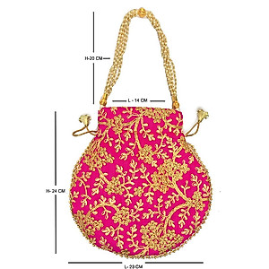 EKAVYA Potli Bag Woman Rani color Pouch/Coin/Jewellery Purse for Women & Girls Heavy Potli Bag for wedding and party H*L -9 * 9.5 Inch
