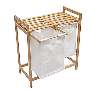 Bamboo Laundry Hamper with Shelf, Dual Compartments Laundry Organizer and Storage, Bamboo Laundry Sorter with Sliding Handles Utility Laundry Storage Organizer for Bathroom Bedroom