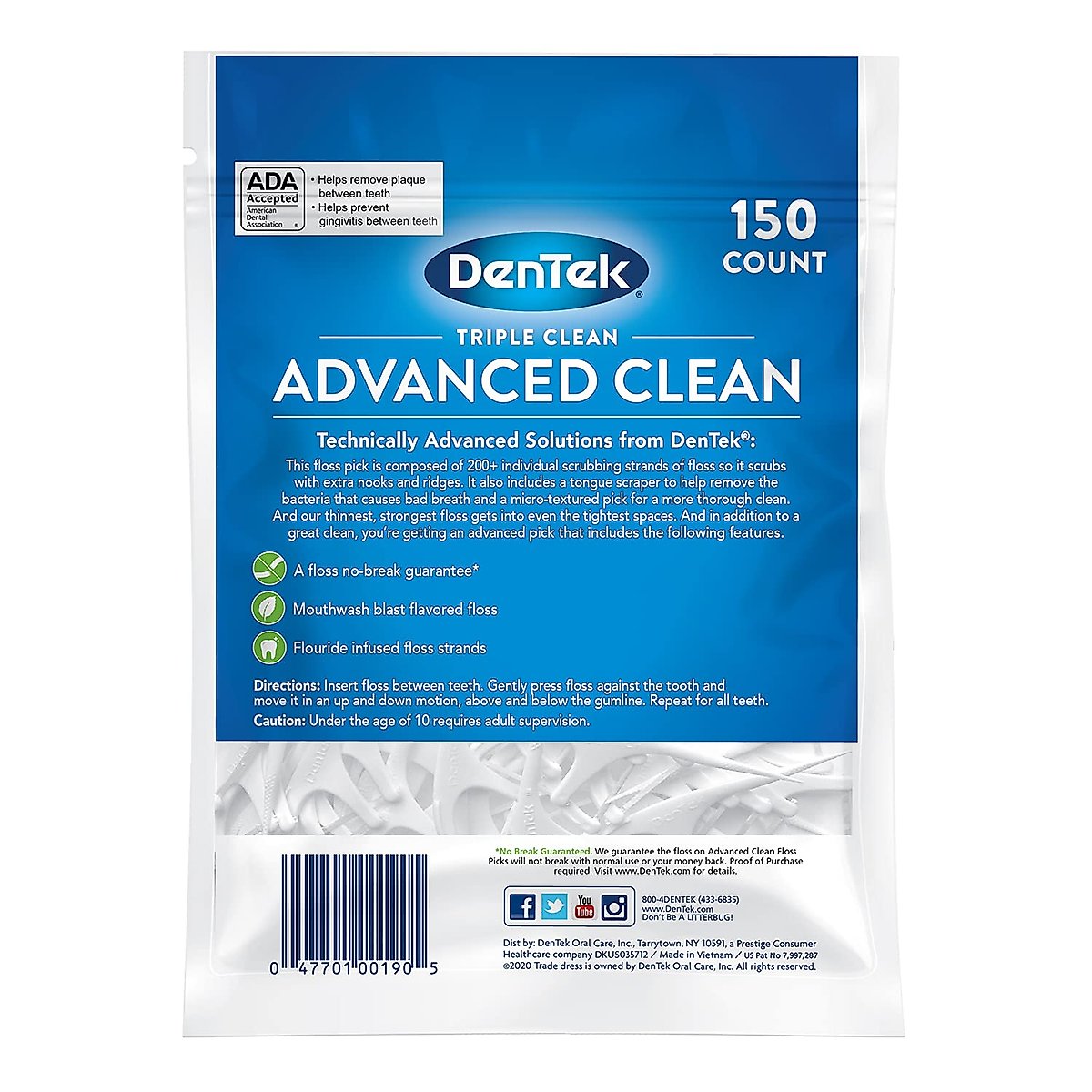 DenTek Triple Clean Advanced Clean Floss Picks, No Break & No Shred Floss, 150 Count