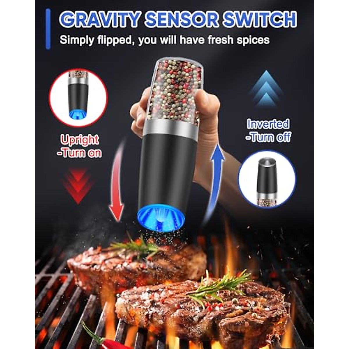 Gravity Electric Pepper and Salt Grinder Set, Adjustable Coarseness, With LED Light, One Hand Automatic Operation, Stainless Steel Black, (2 Pack Black)