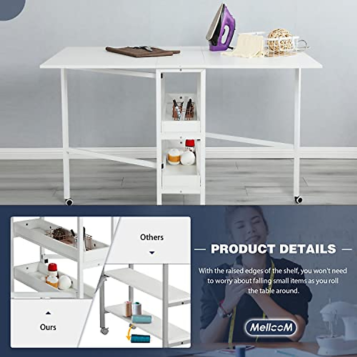 MELLCOM Home Hobby Craft Table with Storage Shelves, Mobile Folding Cutting Table for Large Fabric, Foldable Table for Home Office Sewing Room Craft Room, Fixed Height 35.5in