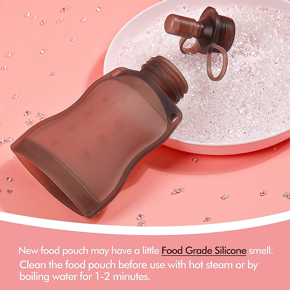 haakaa Reusable Baby Food Pouches, Refillable Silicone Squeeze Storage Pouches, Compatible Breastmilk Storage Bags, Freezer Safe & Washable, 130ml, 2pcs