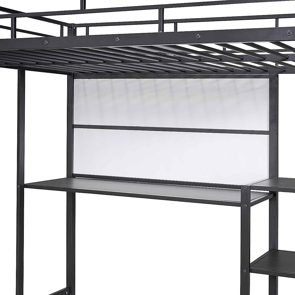 DNYN Full Size Loft Bed with Desk & Ladder for Kids Bedroom,Multifunctional Metal Bedframe w/Shelves & Whiteboard & Safety Rail Design,Space Saving & No Box Spring Needed, Black