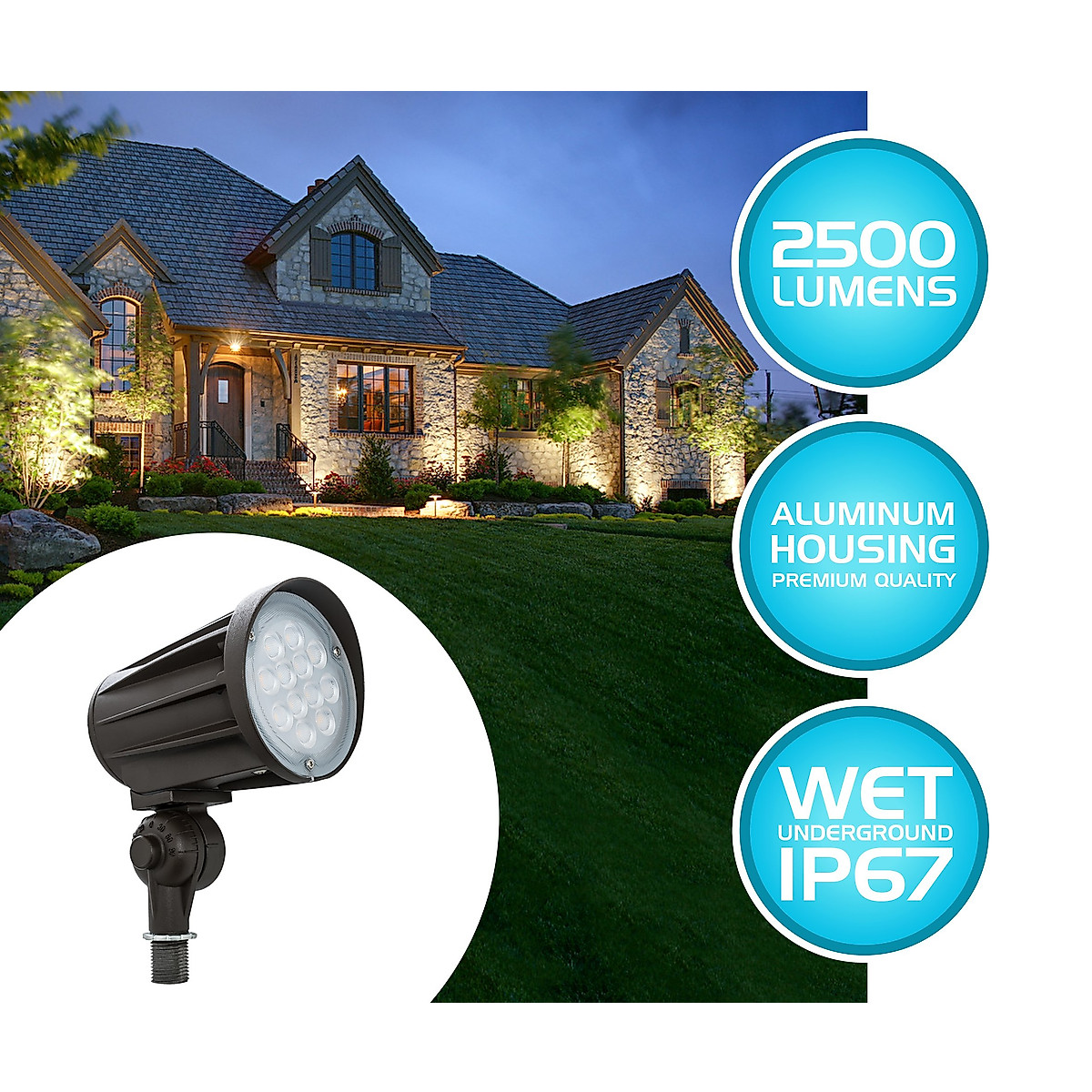 Westgate WG LED 12 Volt Outdoor Landscape Garden Bullet Flood Lights - Path Walkway Lawn Spotlights - Wire/Spike Accessories Included (24W 5000K Cool White Bronze)