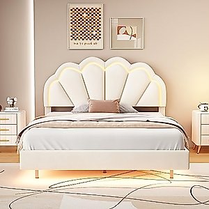Velvet Upholstered Full Bed Frame with Smart LED and Elegant Flowers Headboard, Platform Bed with Wooden Slats Support for Kids, Boys, Girls, Teens, Adult, No Box Spring Needed (Beige, Full)