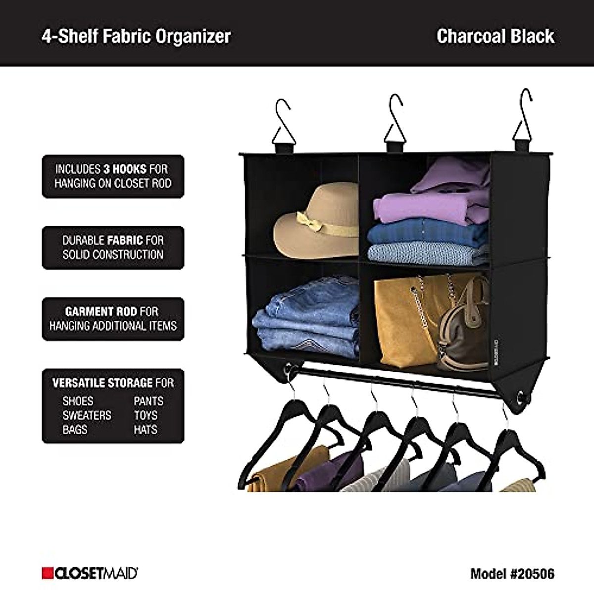 ClosetMaid 4-Shelf Fabric Hanging Closet Organizer with Garment Rod for Shirts, Sweaters, Pants, Hats, Shoes, Purses with Charcoal Black Finish