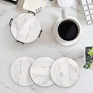 BUYAOBL Absorbent Coasters with Holder, Absorbent Coasters Set 6 Pcs, White Marble Ceramic Agate Drink Coaster Cork Base Cup Coaster for Coffee Table, Housewarming Gift for Women, 4 Inches