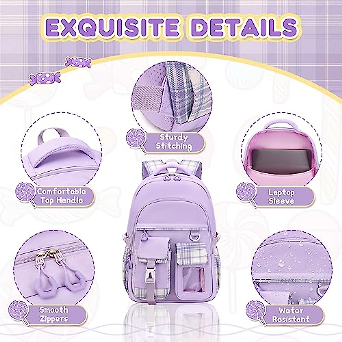 PIG PIG GIRL Girls Backpack, Lightweight Kids Backpack Functional Pockets Kawaii School Backpack Watrer Resistant Boogbag for Primary Elementary School,Purple