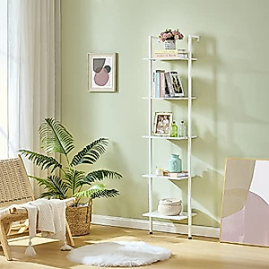 Tajsoon Industrial Bookcase, Ladder Shelf, 5-Tier Wood Wall Mounted Bookshelf with Stable Metal Frame, Storage Shelves for Bedroom, Home Office, Collection, White