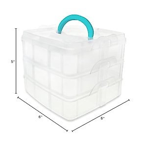 CraftMedley 3 Layer Stack and Carry Box, Plastic Multipurpose Portable Storage Container Tote with Handle - Organize Crafts, Beads, Buttons, Sewing - 6 x 6 x 5 Inches