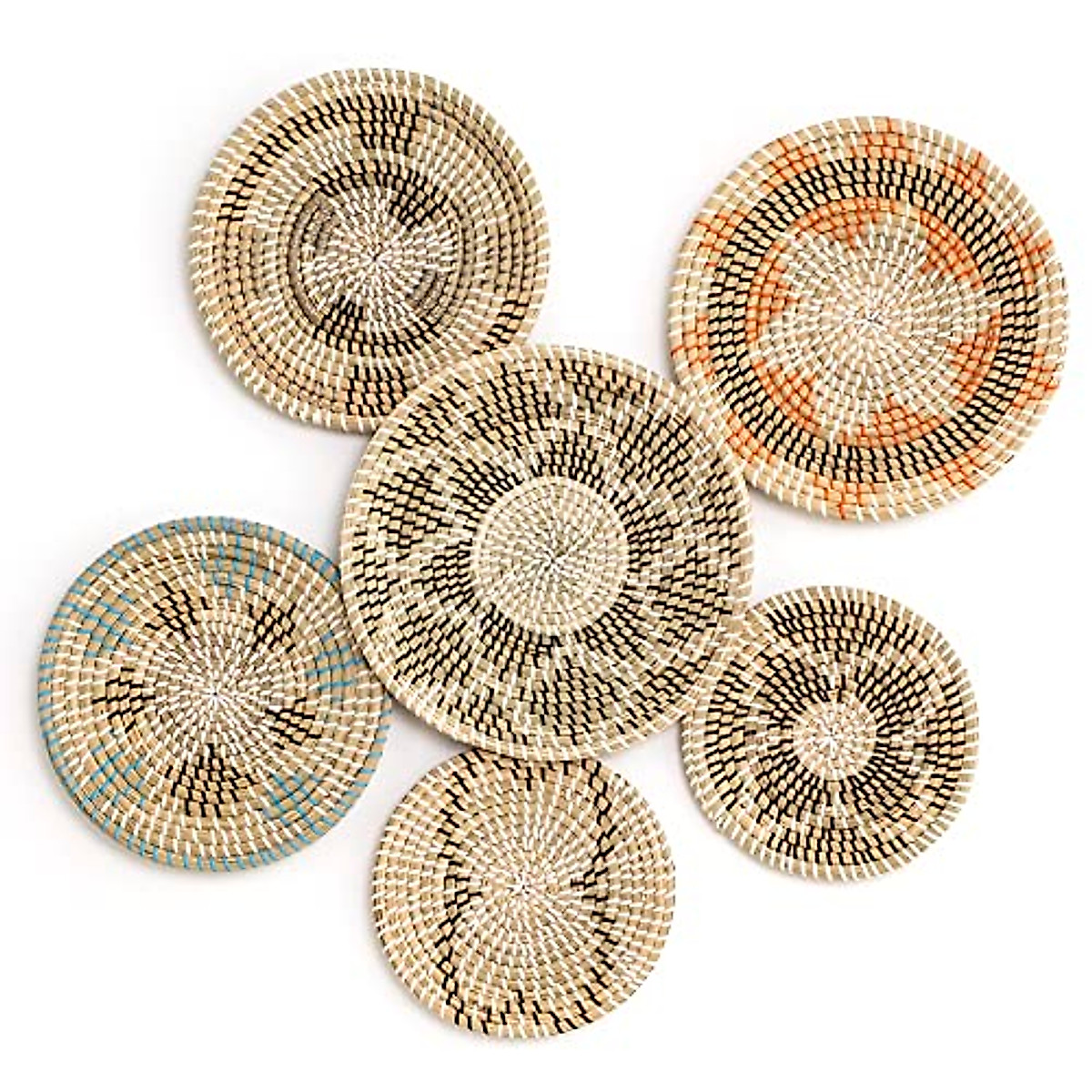 EXA Set of 6 Woven Wall Basket Fire Tribe Decor - Boho Farmhouse Rustic Coastal Room Style - for Thanksgiving Christmas Hanging Wall Art, Gift Idea, Table Settings - Handmade, Round, Natural Seagrass