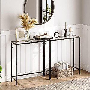 MAHANCRIS Console Table, 27" Narrow Behind Sofa Table, Tempered Glass Entryway Table with Metal Frame, Adjustable Feet, Industrial Style, for Entrance, Living Room, Hallway, Balcony, Black CTH68B01