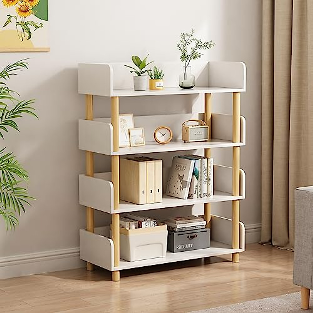 4-Tier Wooden Bookcase,White Bookshelf,Modern Open Bookshelf,Wood Storage Shelves Display Stand with Top Edge and Solid Wood Frame for Living Room,Bedroom,Home Office