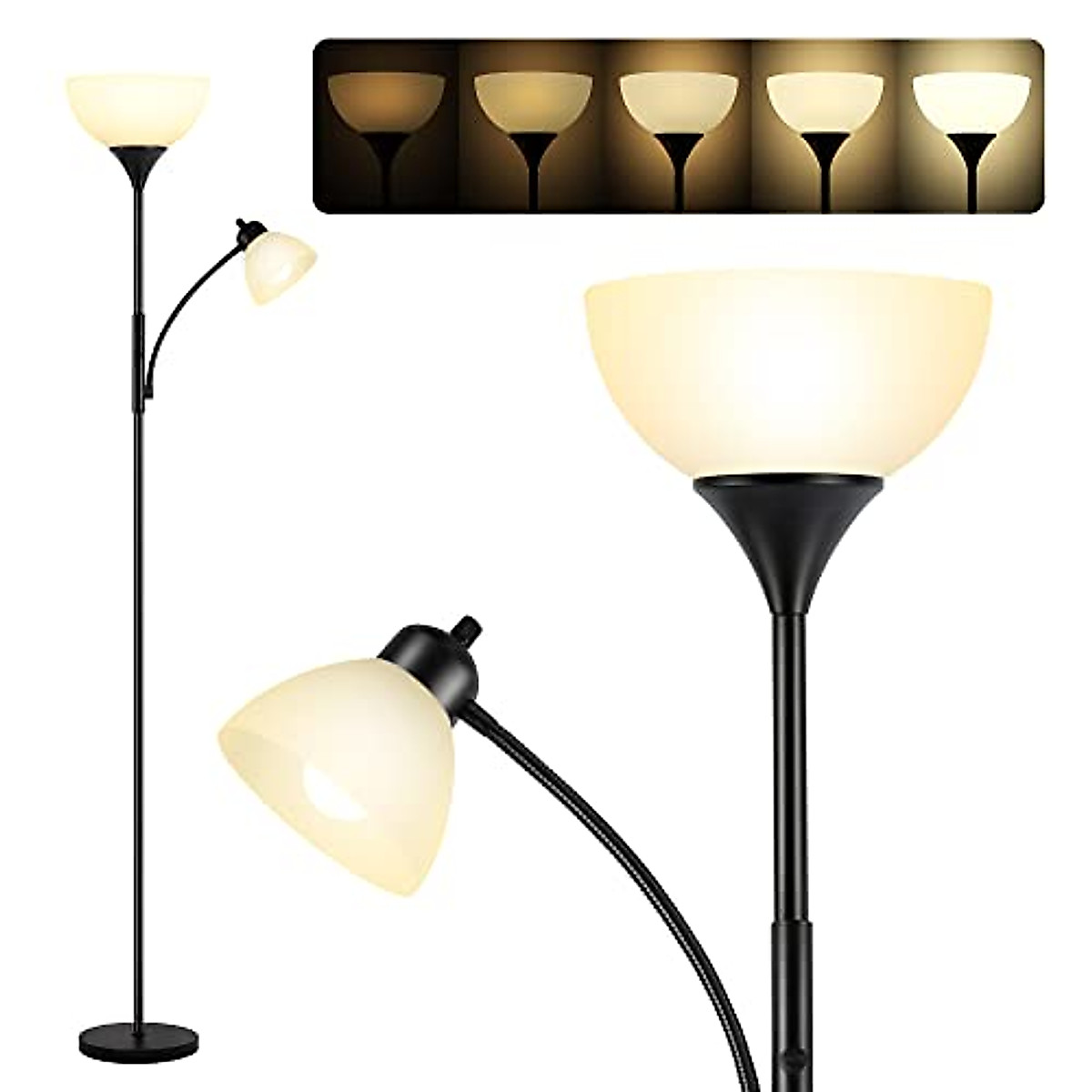 Floor Lamp, Dimmable Standing lamp, 3 Levels Dimmable Brightness, Included 9W and 5W LED Bulbs, Industrial Floor Lamp for Living Room, Bedroom, Office, Reading