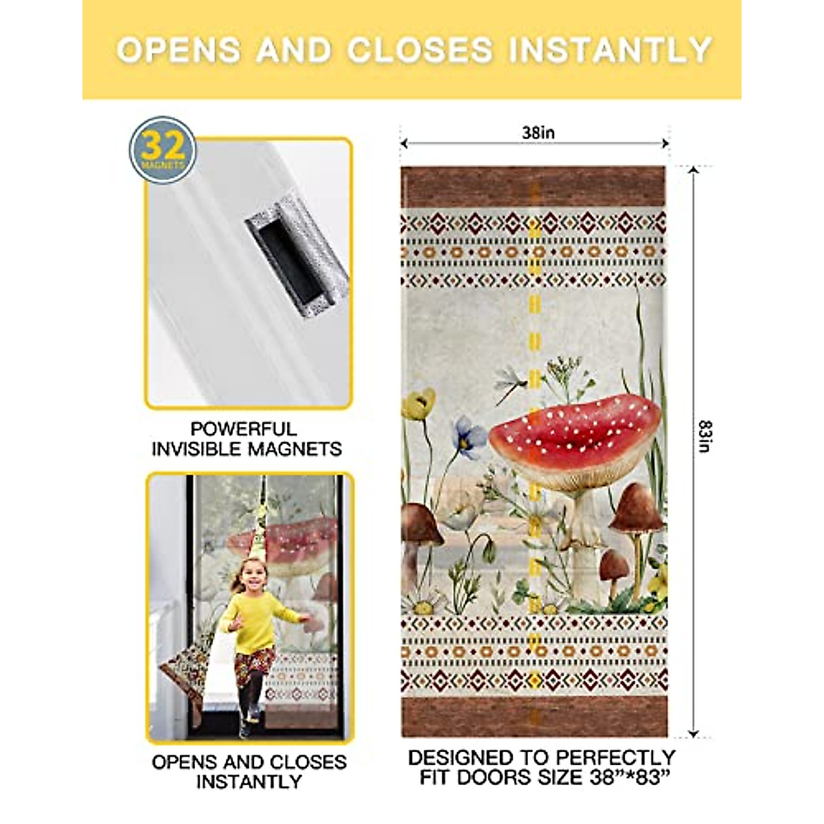 ZOE GARDEN Southwest Mushroom Magnetic Screen Door for Sliding/Single/French Doors, Self Sealing Magnets Patio Door Screen Heavy Duty Mesh Curtain, Brown Country Rustic Flower Plant Leaves