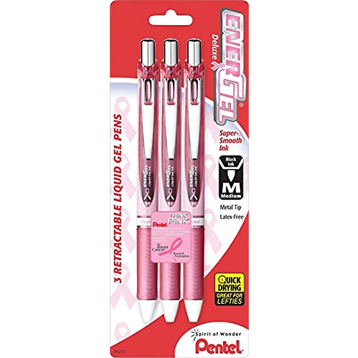 Pentel Bl77pbp3abc Energel Rtx Retractable Liquid Gel Pen, 7Mm, Pink Barrel, Black Ink. 3/Pack