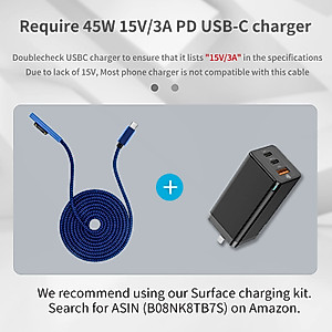 Sisyphy Nylon Braided Surface Connect to USB-C Charging Cable (6ft Blue), Requires 45W 15V/3A USB-C Charger PD Power Supply, Compatible with Microsoft Surface Pro7/6/5/4/3 Go 3/2/1 Laptop