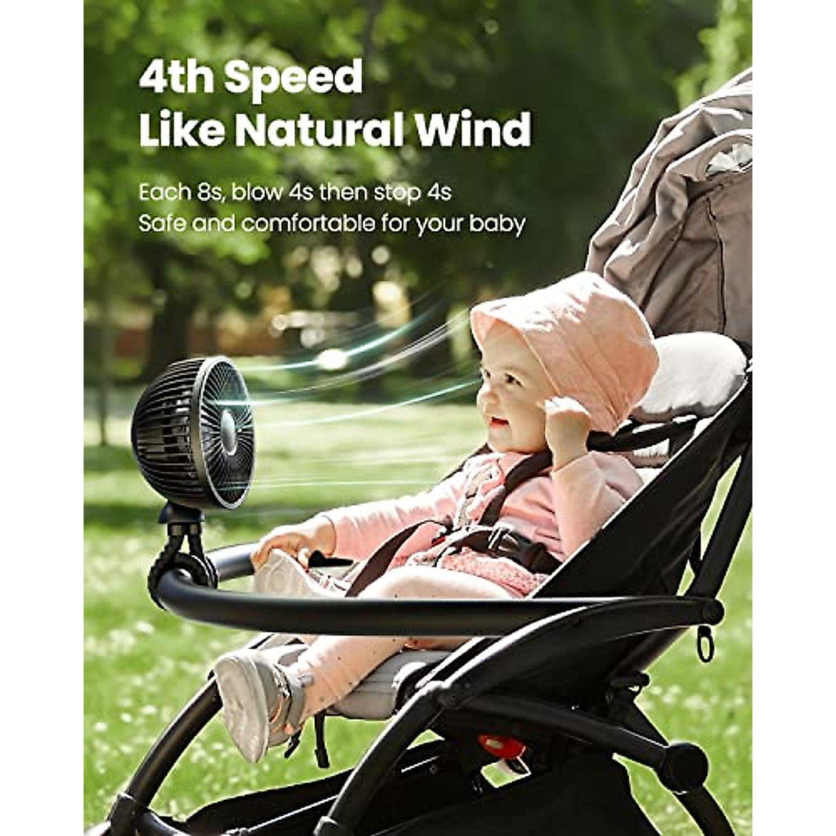 Gaiatop Baby Stroller Fan, 4000mAh Oscillating Mini Portable Fan with Lights, 4 Speeds Battery Operated 360° Rotate Flexible Tripod Small Clip On Fan Handheld Desk Fan for Car Seat Crib Travel Black