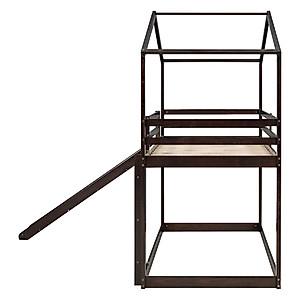Harper & Bright Designs House Bunk Bed with Slide, Solid Wood Kids Bunk Beds Twin Over Twin with High Guardrail, Able to Split, Kids Loft Bunk Bed for Girls Boys, Easy Assembly,Espresso