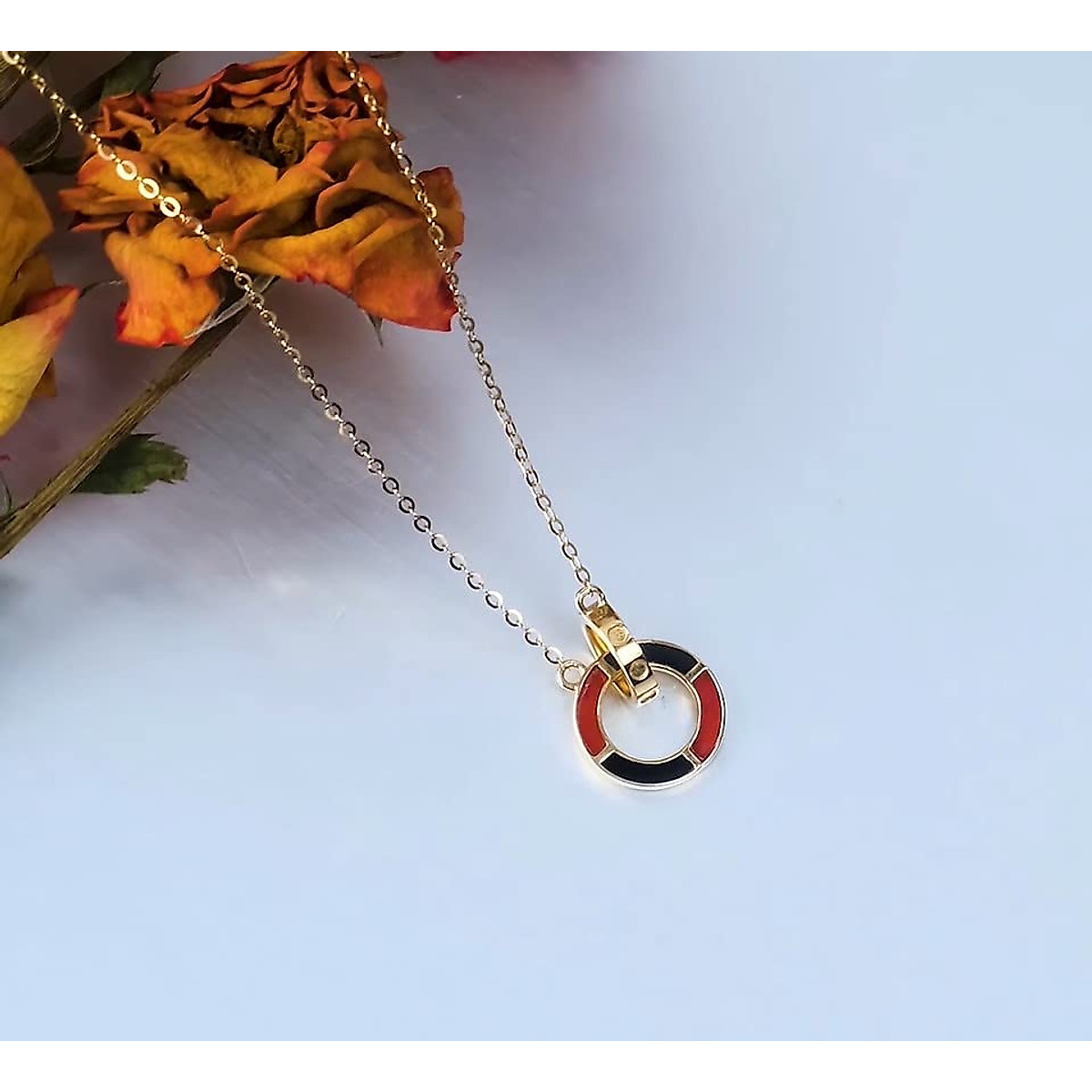 SISGEM 14k Gold Natural Carnelian Double Circle Necklace for Women, Anniversary Jewelry for Wife, Birthday Gifts for Her, 16-18 Inch