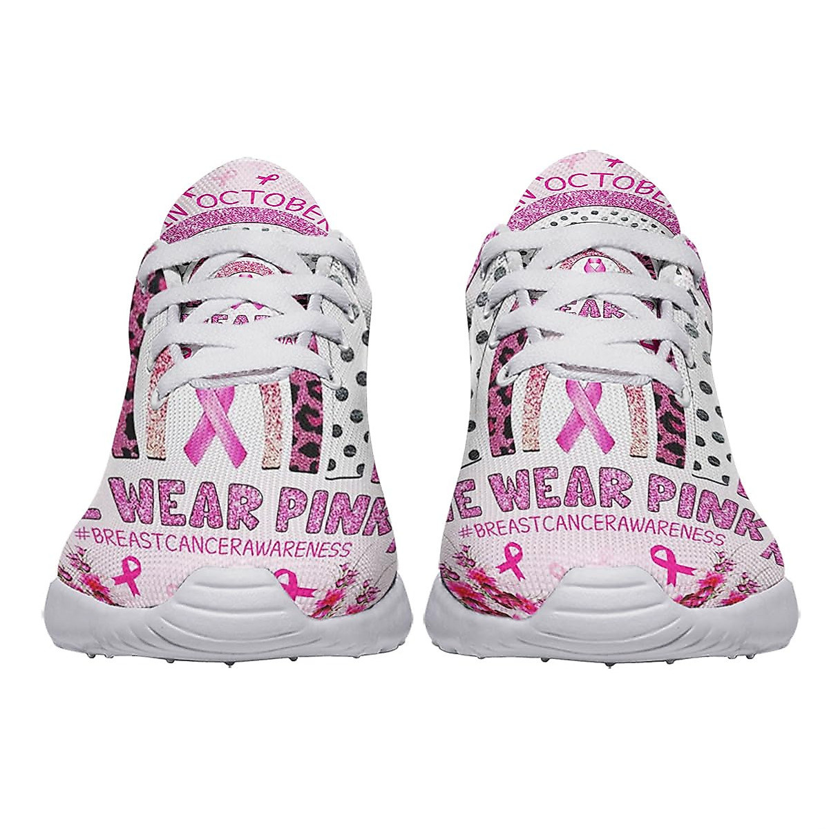 in October We Wear Pink Breast Cancer Awareness Shoes Women Fashion Running Sneakers Breathable Casual Sport Tennis Shoes White Size 8.5