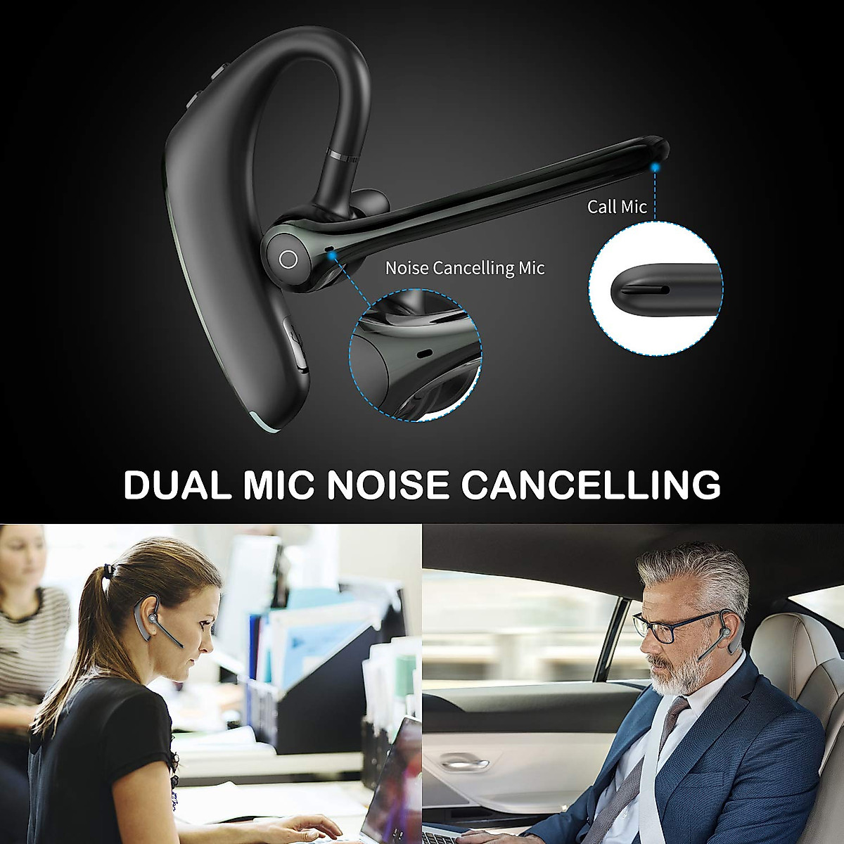 Bluetooth Headset,Wireless Bluetooth Earpiece V5.0 Dual Mic Noise Cancelling Earphone Built-in 2Mic 16Hrs Hands-Free Calling for Driving/Business/Office/Trucker with iPhone Android Cell Phones (Green)