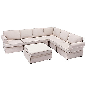 Merax 109.4" Fabric Large Upholstered U-Shape Sectional Sofa Sets, Modular Customizable, Couch with Removable Ottoman for Living Room, 108.6 inch Length, Beige