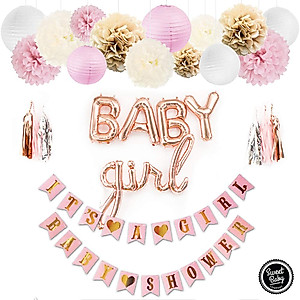 Sweet Baby Co. Pink Baby Shower Decorations for Girl with Its A Girl Banner, Baby Girl Letter Balloons, Flower Pom Poms, Paper Lanterns, Tassels (Rose Gold, Pink, Ivory, White Sprinkle Set)
