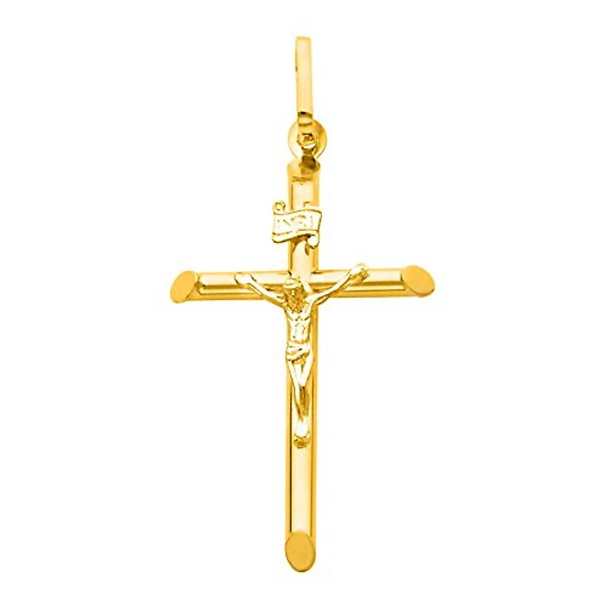 The World Jewelry Center 14k REAL Yellow Gold Crucifix Cross Pendant with 1mm Braided Square Wheat Chain Necklace - 18"
