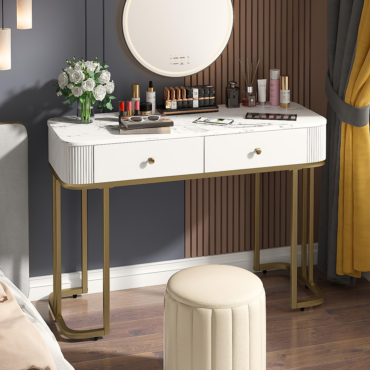 OIOG Console Tables for Entryway, Marble Grain Sofa Table with Stroage, Makeup Dressing Table, Modern Entryway Table with 2 Drawers for Living Room, Hallway, Foyer, Bedroom, White and Gold