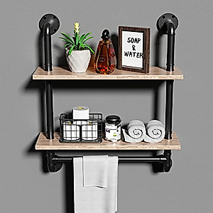 SDMETEI 24 Inch Industrial Pipe Shelf Bathroom Shelves, Rustic Wood Shelf with Towel Bar 2 Tier Farmhouse Industrial Pipe Shelving Towel Rack Over Toilet for Storage