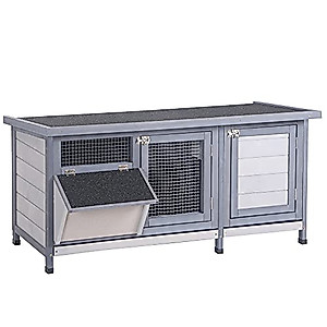 PawHut Wooden Rabbit Hutch Bunny Hutch Cage Guinea Pig with Waterproof Roof, No Leak Tray and Feeding Trough, Indoor/Outdoor, Gray