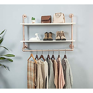 FOF FRIEND OF FAMILY Industrial Pipe Garment Rack with Double Tier shelves, Wall Mounted Clothes Rod for Clothing Storage, Rose Gold&White Color, 40" Wide