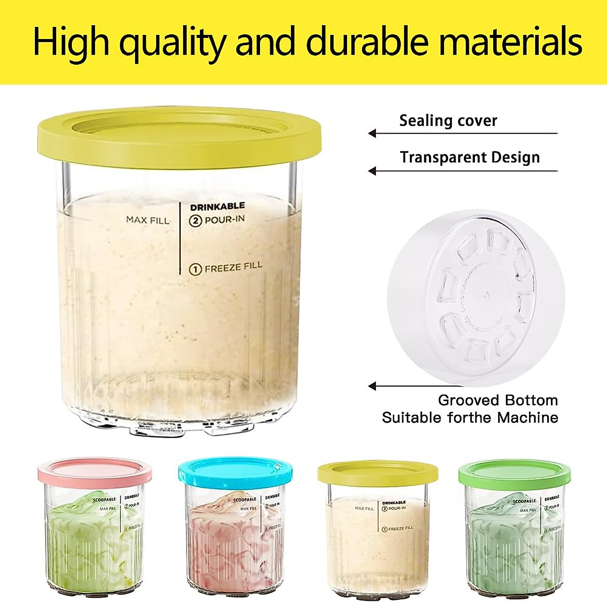 Replacement Pints and Lids for Ninja Creami, Compatible with Ninja NC501 NC500 Series, 24 oz Creami Pint Containers with Leak Proof Lids (blue, yellow) (2pcs)