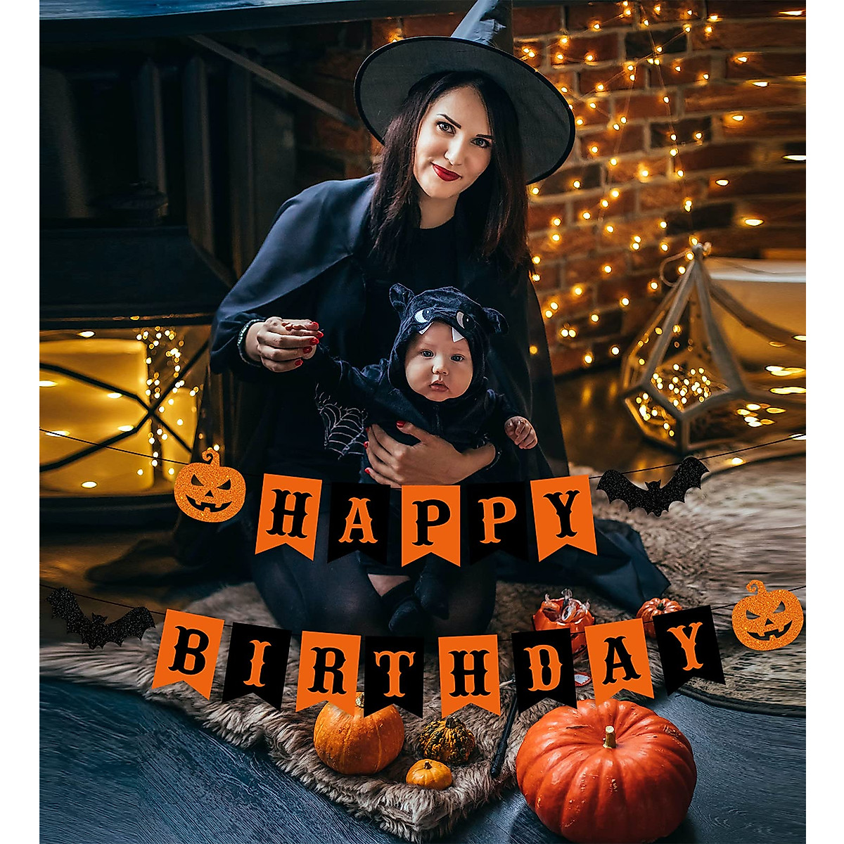 PTFNY Halloween Happy Birthday Banner Black Orange Halloween Birthday Bunting Banner with Pumpkin and Bat Signs Halloween Themed Birthday Party Decorations for Wall Fireplace Party Decor Supplies