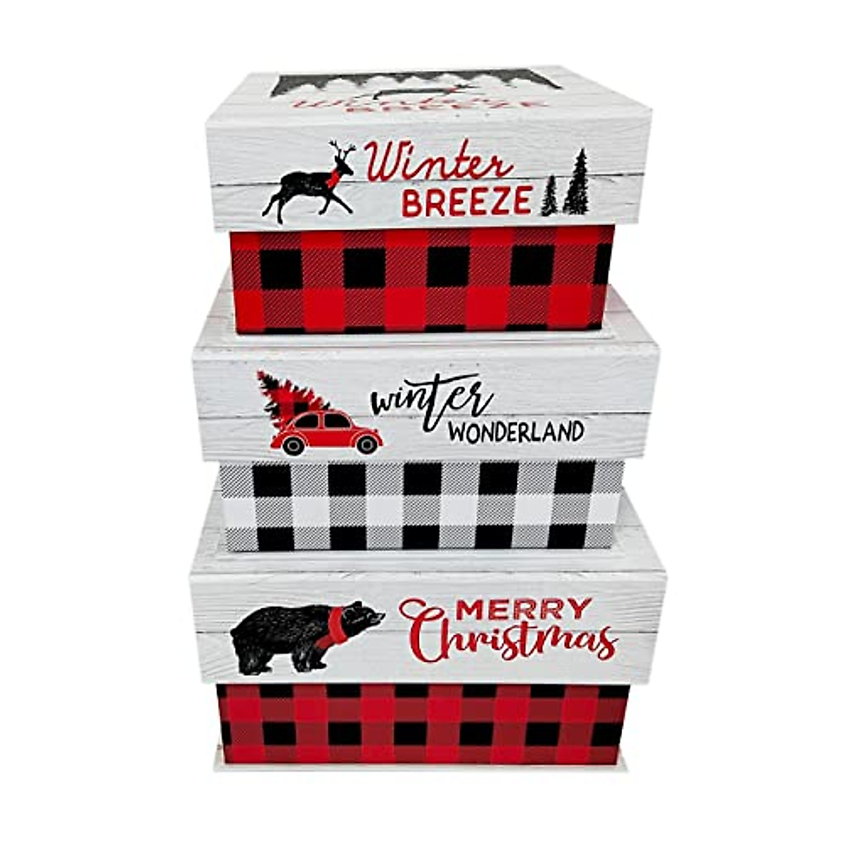 VOTUM Set of 3 Nesting Holiday Storage Boxes - Decorative Treasure Chest Stackable Paperboard Containers with Fitted Lids and Seasonal Sayings - Mountain Holiday