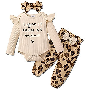 DISAUR Baby Girl Long Sleeve Outfits Apricot Ruffle Romper Leopard Pants Newborn Baby Girl Leave Hospital Outfits