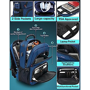 ProEtrade Travel Backpack, Extra Large Laptop Backpack School Business Anti Theft TSA Approved College Work Computer Bag Fits 17 Inch Laptop with USB Charging Port Bookbag for Women Men(Blue)