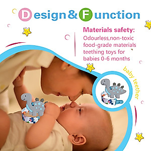 BIGSPINACH 1 Soft Dinosaur Teether for Babies and 1 Baby Pacifier Clip, Valentines Day Gifts for Baby Girl Boy,Silicone Chew Toys for Baby (Grey Dinosaur)