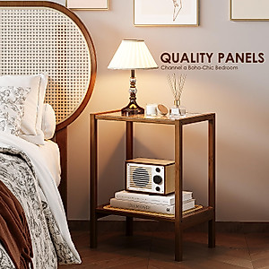 Bamworld Rattan Side Table Living Room Glasstop Night Stand Boho End Table 2-Tier with Storage Mid Century Modern Bedside Table for Small Spaces Narrow Coffee Table Bamboo