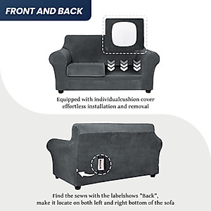 Asnomy Sofas Covers for 2 Cushion Couch Loveseat Cover Velvet Stretch Slipcovers for Dogs Cats,2 Seat Cushion Furniture Protector Machine Washable（Medium，Dark Grey）