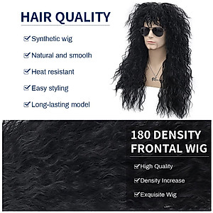 MUPUL Men's 80's Style Glam Rock-Rocker Long 26inch Black water wave Hair Wig Perfect for Halloween Cosplay Costume Party Wigs Rock Curly Wig (black-1)
