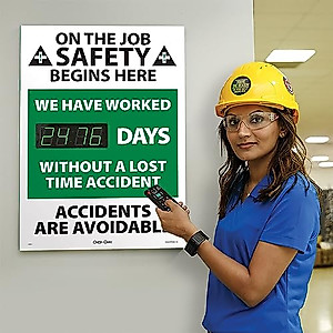 Accuform SCK115 Aluminum Digi-Day Electronic Scoreboard, "ON THE JOB SAFETY BEGINS HERE - WE HAVE WORKED #### DAYS WITHOUT A LOST TIME ACCIDENT - ACCIDENTS ARE AVOIDABLE"