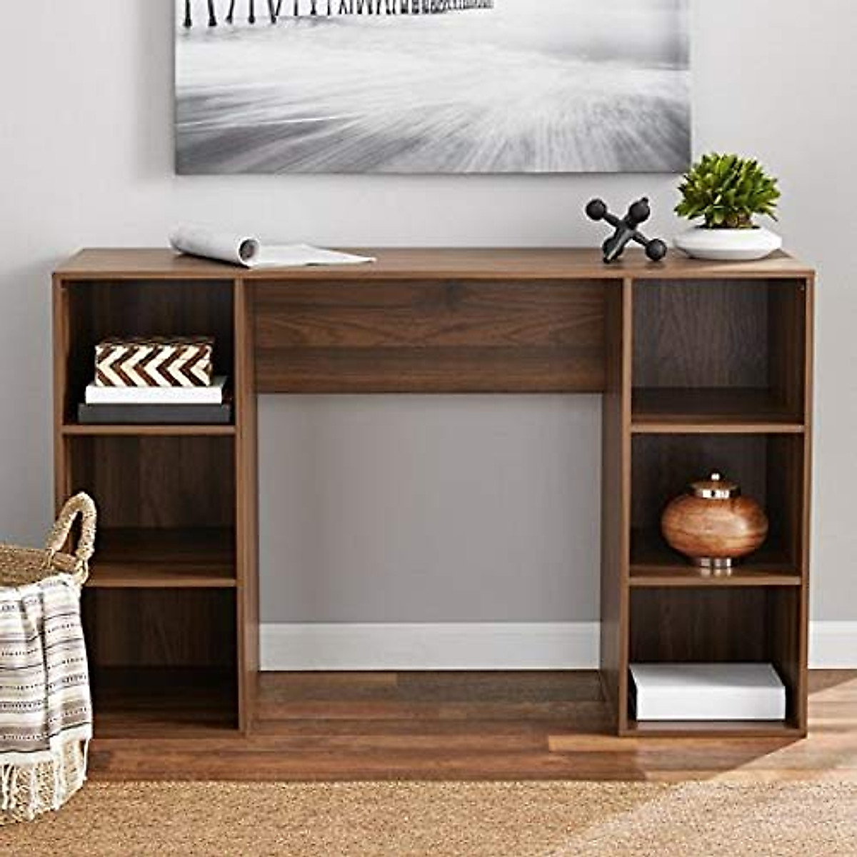 Mainstays Student Desk - Home Office Bedroom Furniture Indoor Desk - Easy Glide Accessory Drawer (Desk Only, Rodeo Oak) (6 Cube Computer Desk, Dark Walnut)