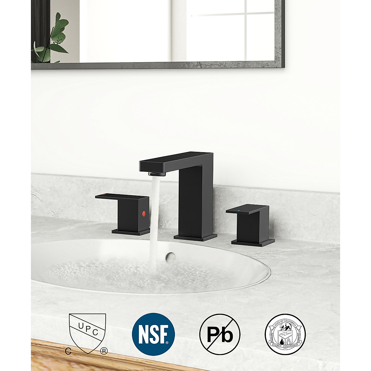 QFN Black Bathroom Faucets, 8 Inch Widespread Bathroom Faucet 3 Hole, 8" Bathroom Sink Faucet 3 Hole with Metal Pop Up Drain and Hose, Two Handle Matte Black Faucet for Bathroom Sink Vanity Faucet