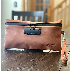 iRenegade locking cash drop money bag with 3 digit personal combination lock travel security leather finish wristlet clutch bag odor absorbing + smell proof (lite brown)