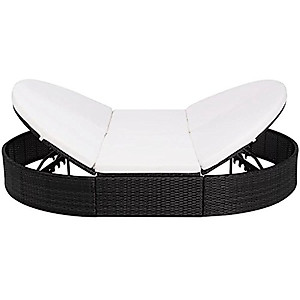 vidaXL 2-Person Patio Sun Lounger Bed Black Rattan Garden Daybed Chaise Lounger with Adjustable Backrests and Cushion Outdoor Backyard Lawn Furniture 78.7" x 55.1" x 11" (L x W x H)