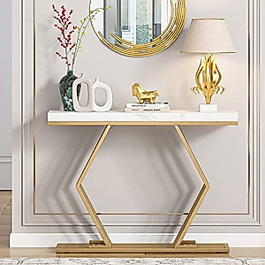 Tribesigns 42 inches Modern Gold Console Table with Geometric Metal Base, White Faux Marble Narrow Entryway Table Foyer Table for Entrance, Living Room, Hallway, Entryway