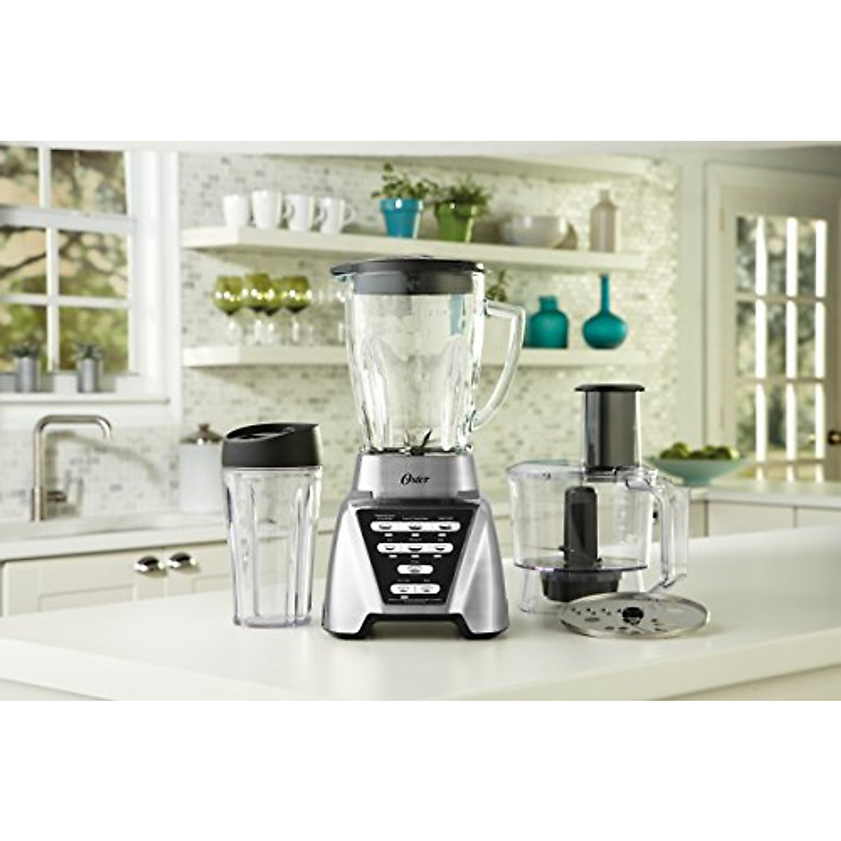 Oster Blender | Pro 1200 with Glass Jar, 24-Ounce Smoothie Cup and Food Processor Attachment, Brushed Nickel - BLSTMB-CBF-000