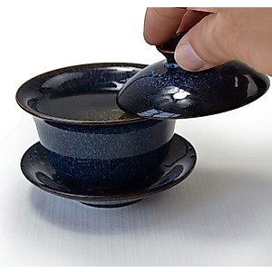 GDLK Gaiwan Tea Cup 6oz Porcelain Teacup Smooth Glaze Tureen Saucer with Lid Chinese Gongfu Set, Blue